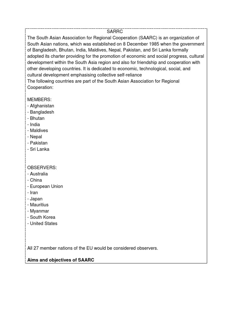Aims and Objectives of SAARC | PDF | South Asia | International Relations