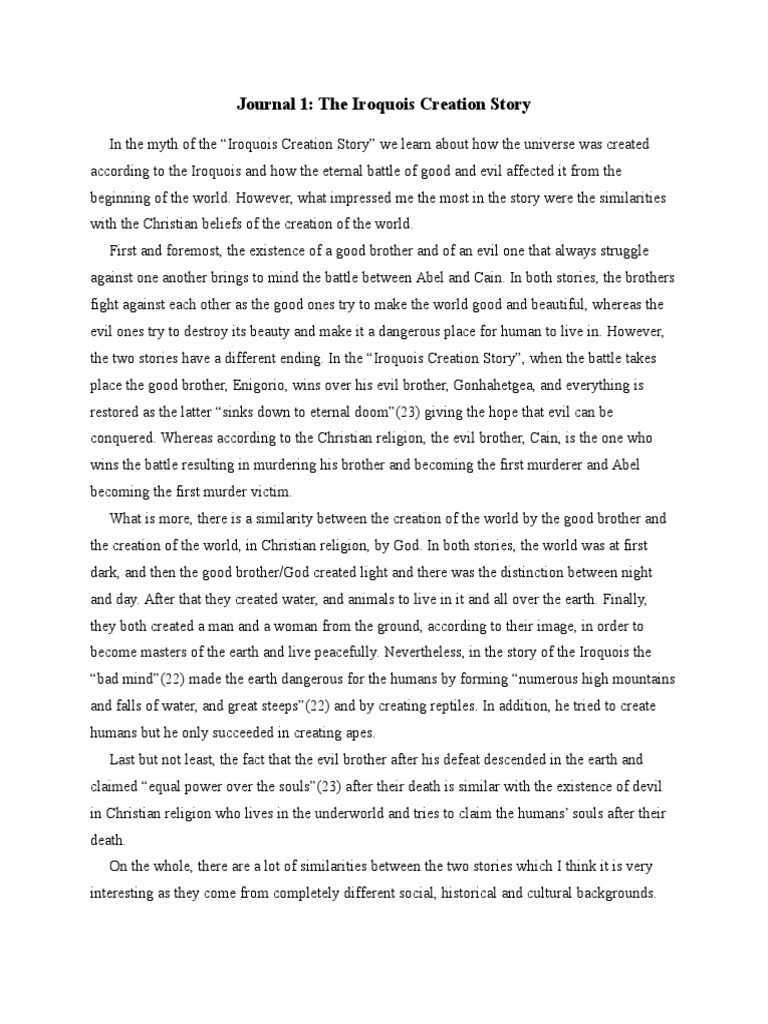 Journal 1: The Iroquois Creation Story | PDF | Creation Myths | Human