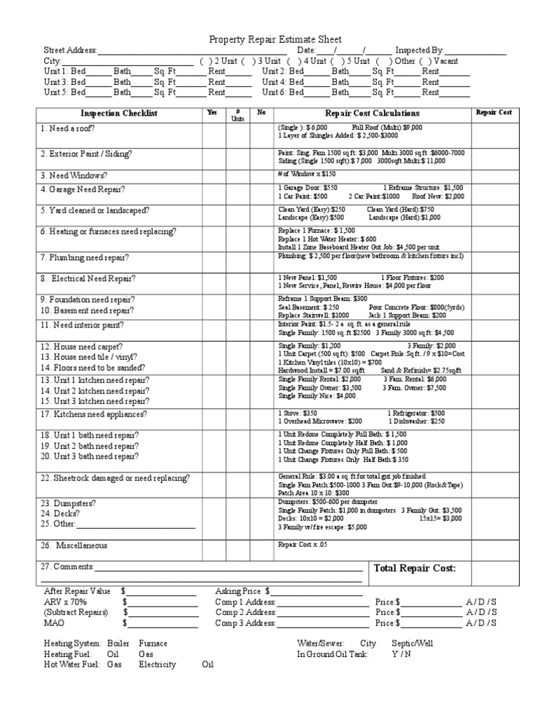 Property Repair Estimate Sheet: Inspection Checklist Repair Cost ...