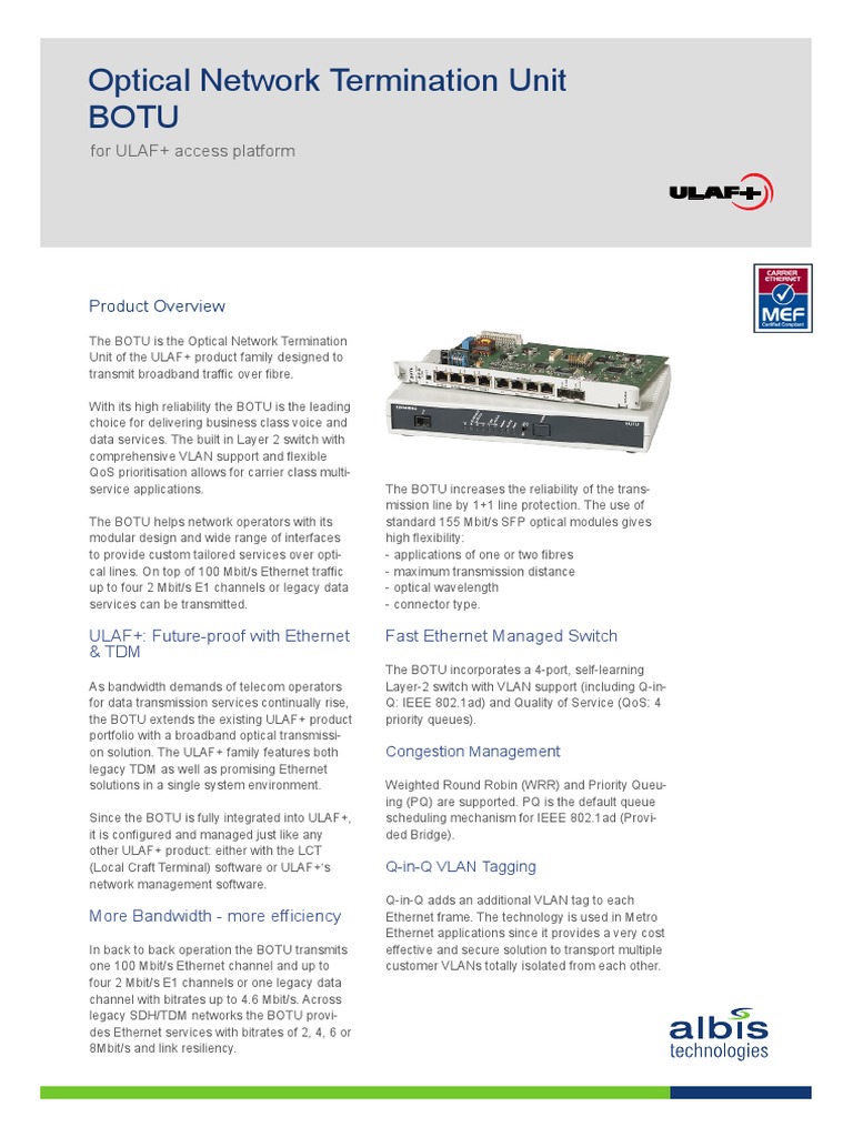 Optical Network Termination Unit Botu: For ULAF+ Access Platform | PDF | Ethernet | Quality Of ...