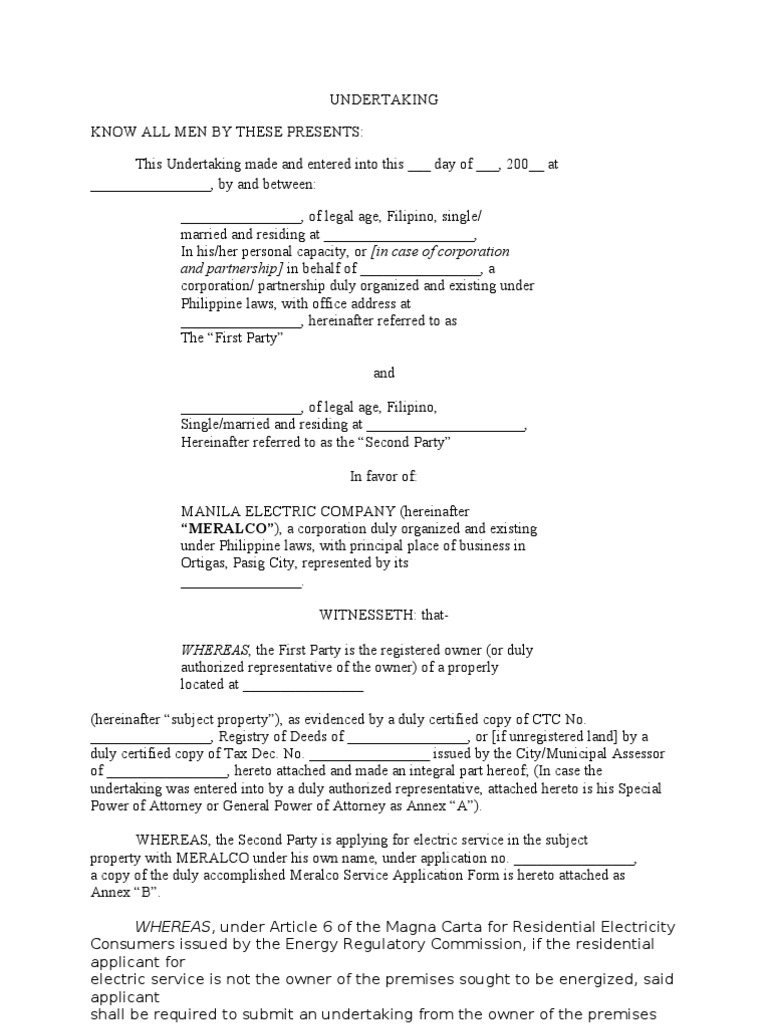 MERALCO Undertaking Agreement Template | PDF | Due Process | Justice