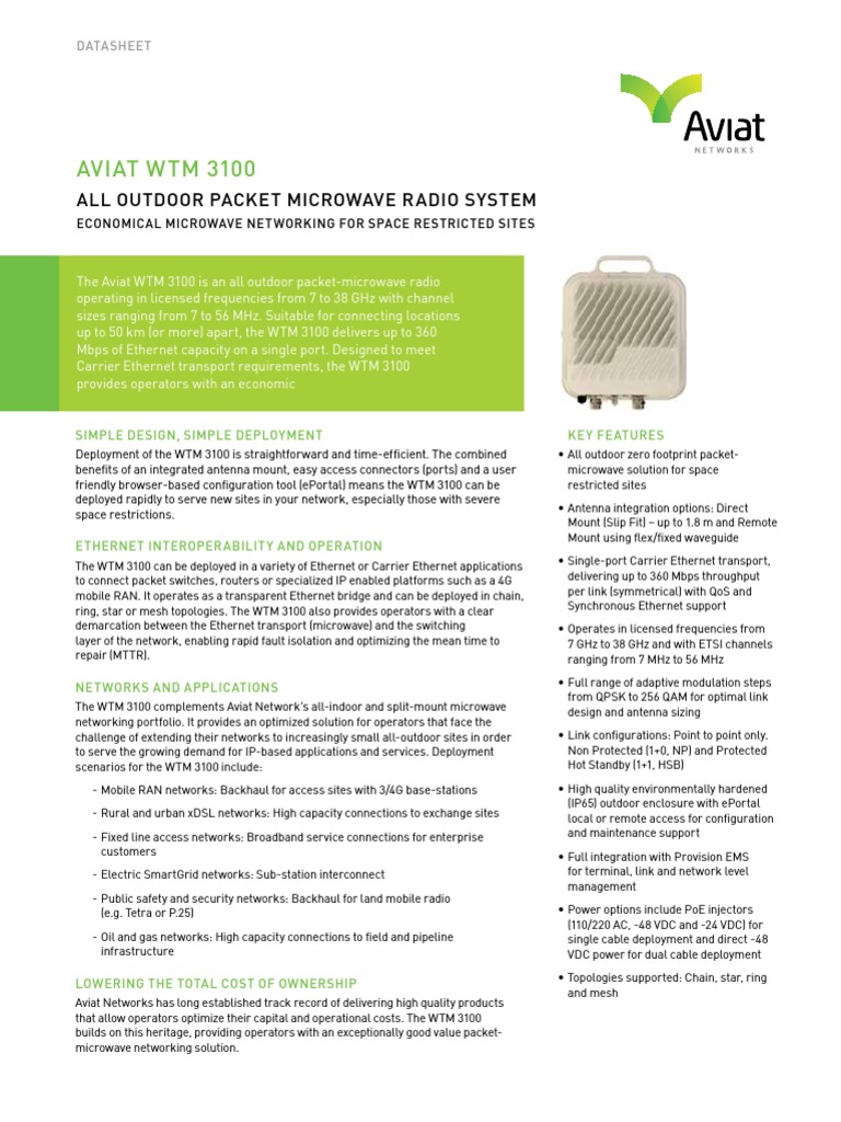 Aviat WTM 3100: All Outdoor Packet Microwave Radio System | PDF ...