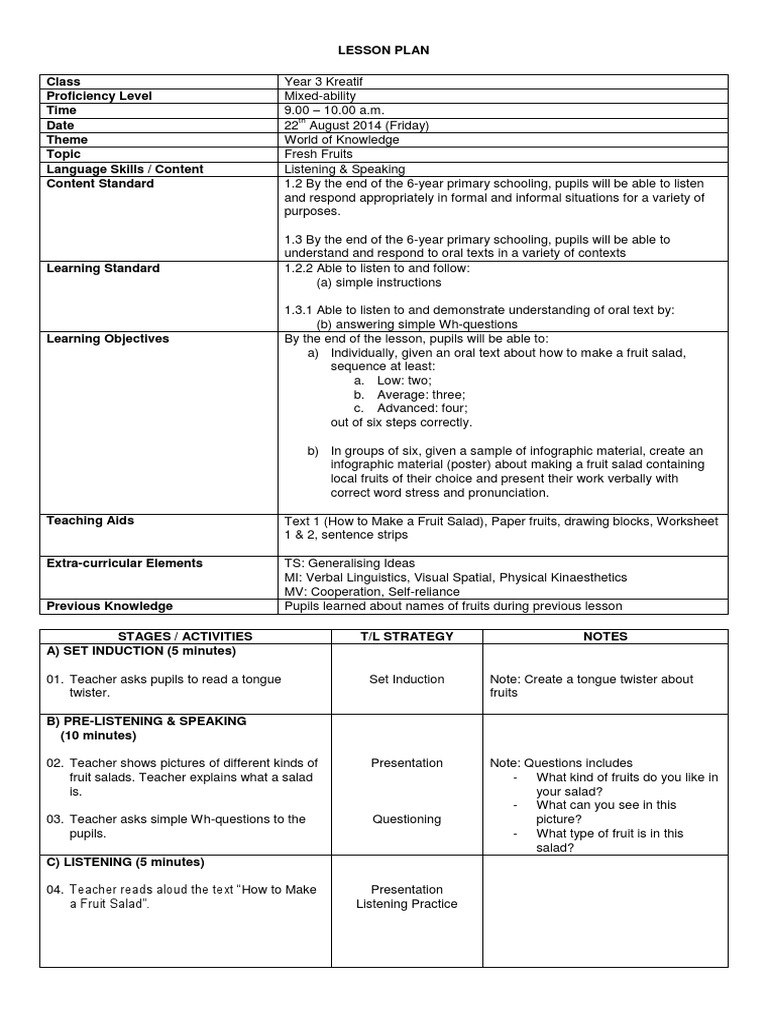 Year 3 Speaking & Listening Lesson Plan | PDF | Edible Plants | Lesson Plan