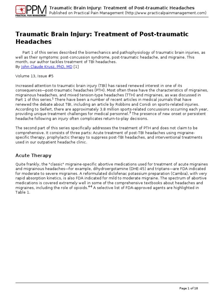 Practical Pain Management - Traumatic Brain Injury Treatment of Post-Traumatic Headaches - 2013 ...