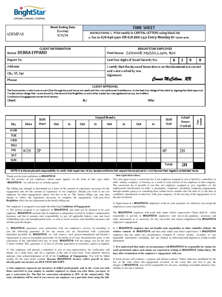 Connie Mccollum, RN: Time Sheet | PDF | Invoice | Payroll