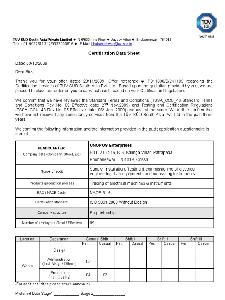 Certification Data Sheet | PDF