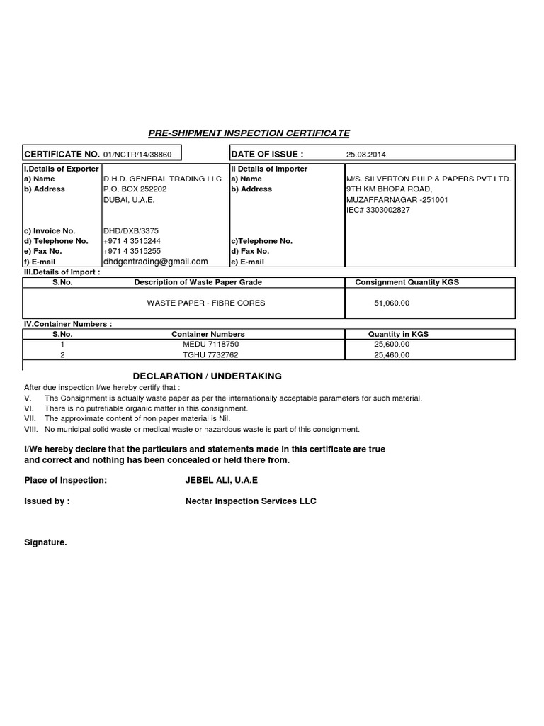 Pre-Shipment Inspection Certificate India | PDF