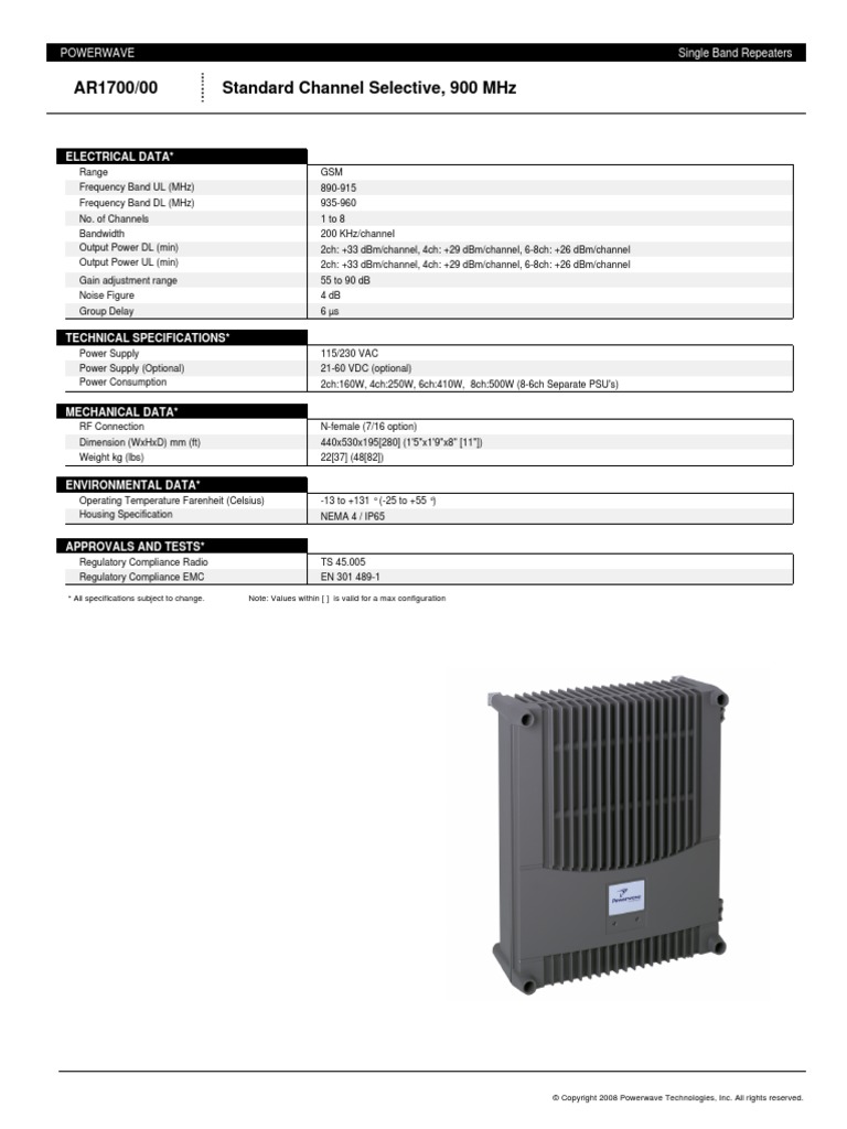 Ar1700/00 Standard Channel Selective, 900 MHZ: Electrical Data | PDF ...