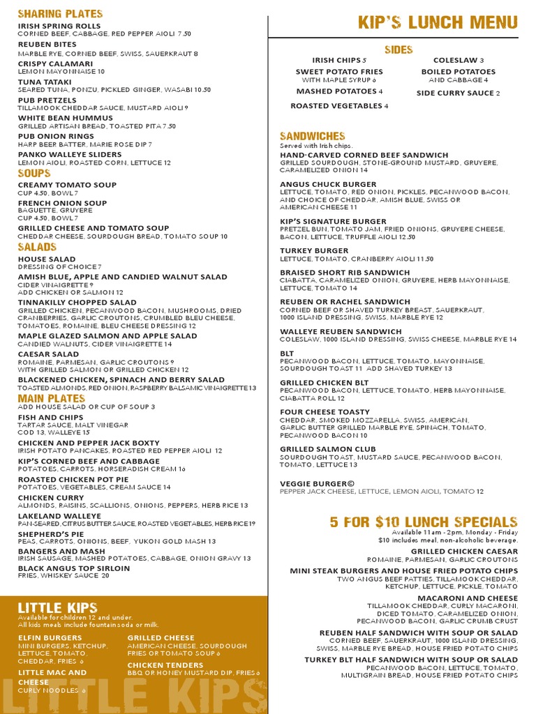 Kip'S Lunch Menu: Little Kips | PDF | Anheuser Busch Brands | Salad