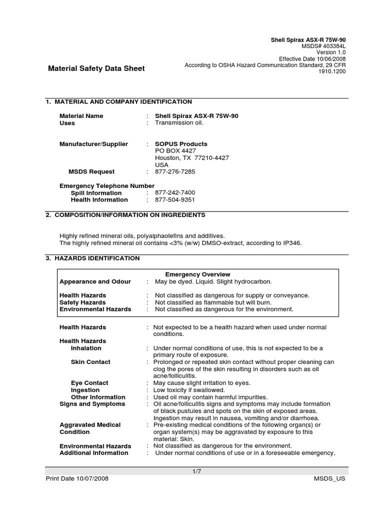Shell Spirax ASX-R 75W-90 MSDS | PDF | Personal Protective Equipment ...