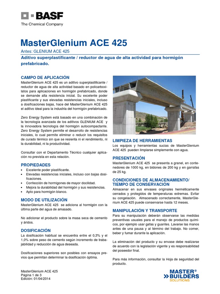MasterGlenium ACE 425 | PDF | Hormigón | Materiales