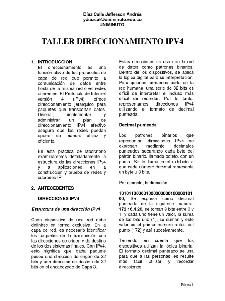 Taller Direccionamiento Ipv4.Docx Resuelto | PDF | Dirección IP | Poco