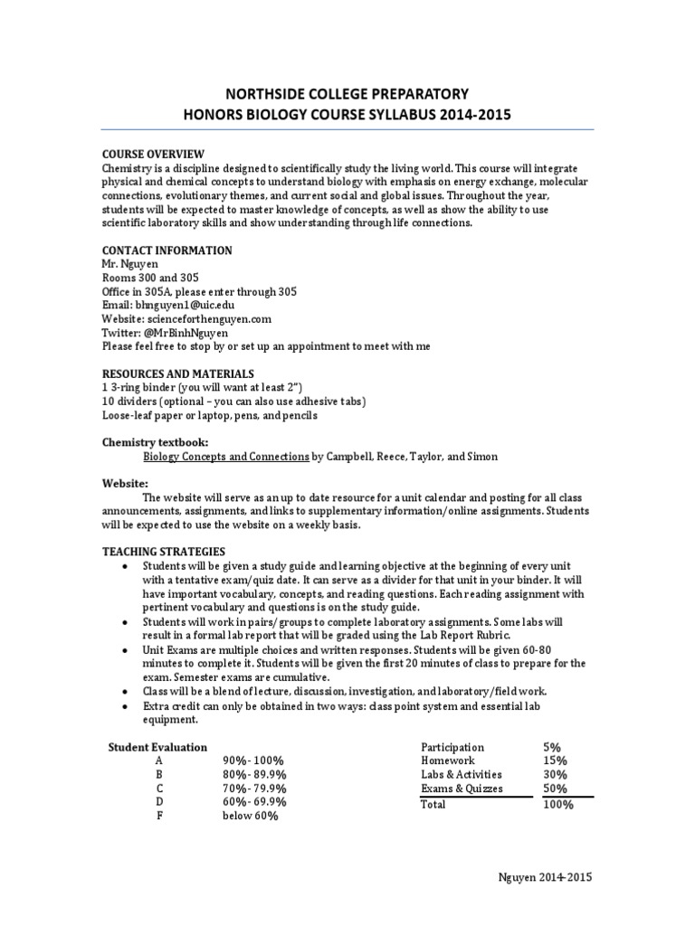 Northside College Preparatory Honors Biology Course Syllabus 2014-2015 ...