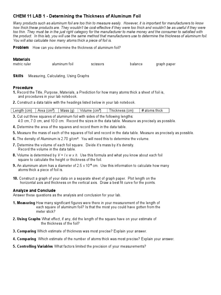 Chem 11 - Lab 1 - How Thick Is Aluminum Foil | Download Free PDF ...