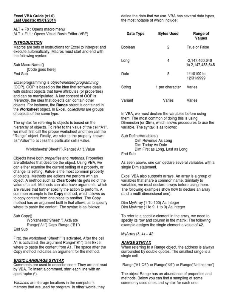 Excel Vba Guide Pdf Microsoft Excel Object Oriented Programming 9942