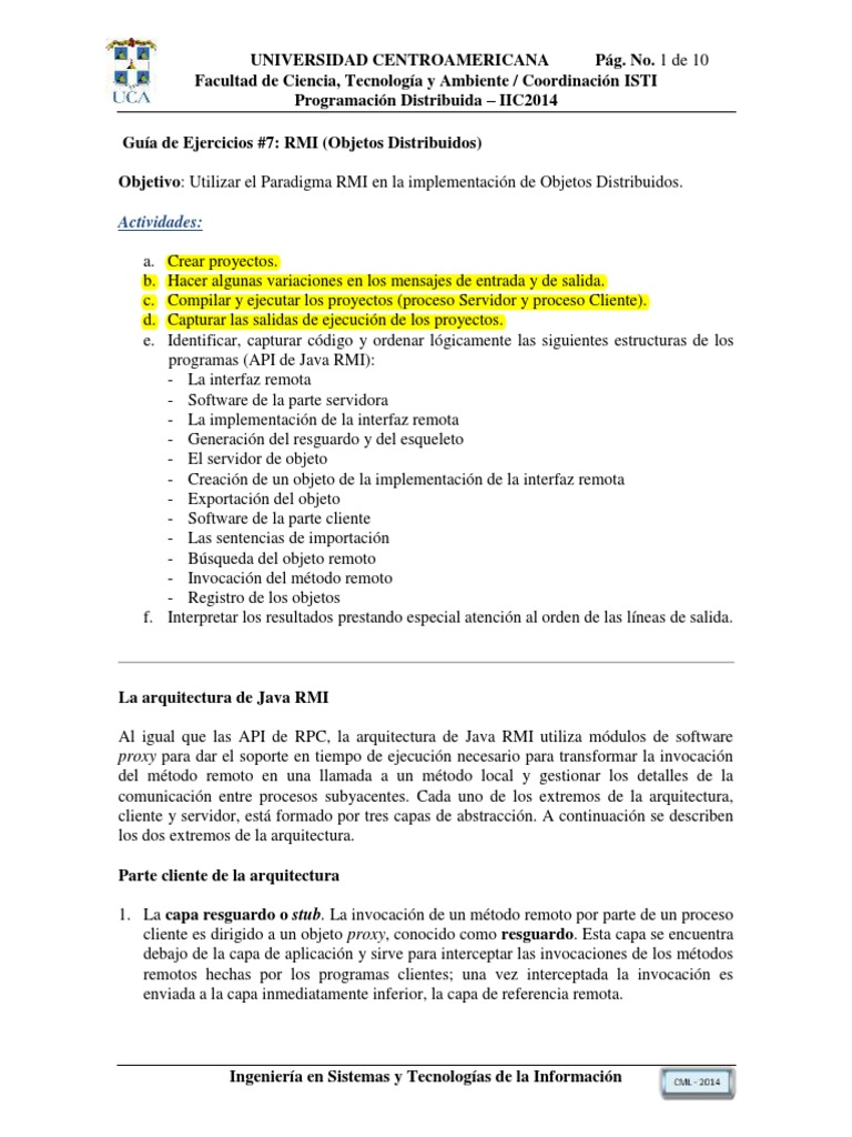 Guía de Ejercicios #7 - RMI - Objetos Distribuidos - (PD-IIC2014) | PDF ...