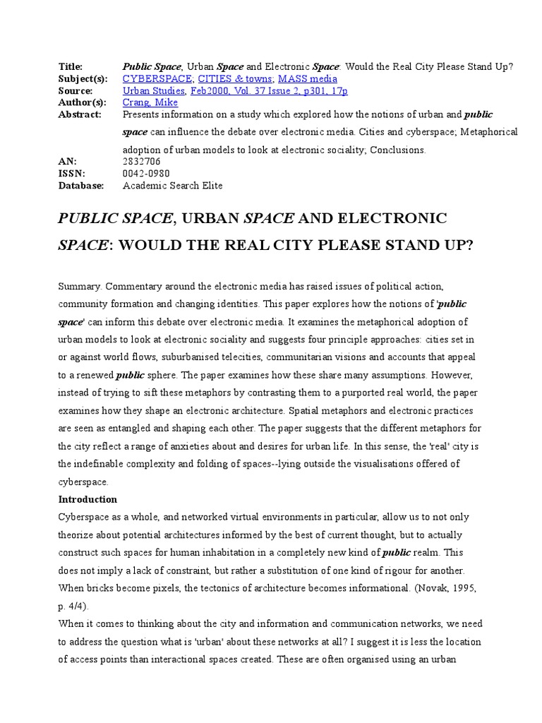 Mike Crang - Public Space | PDF | Public Sphere