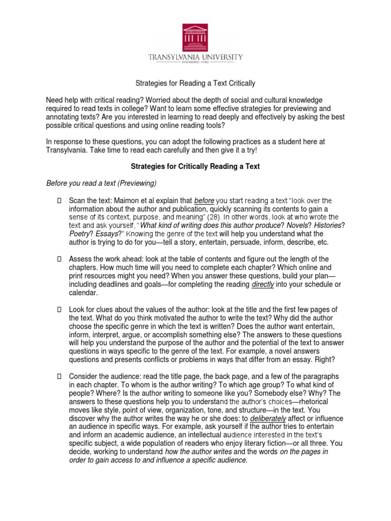 Critical Reading Checklist | PDF | Genre | Reading (Process)