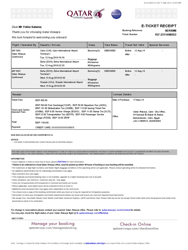 E-Ticket Receipt: Dear MR Yehia Salama, Thank You For Choosing Qatar ...