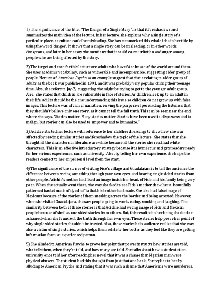 English Analysis - The Danger of A Single Story | PDF | Essays | Anger