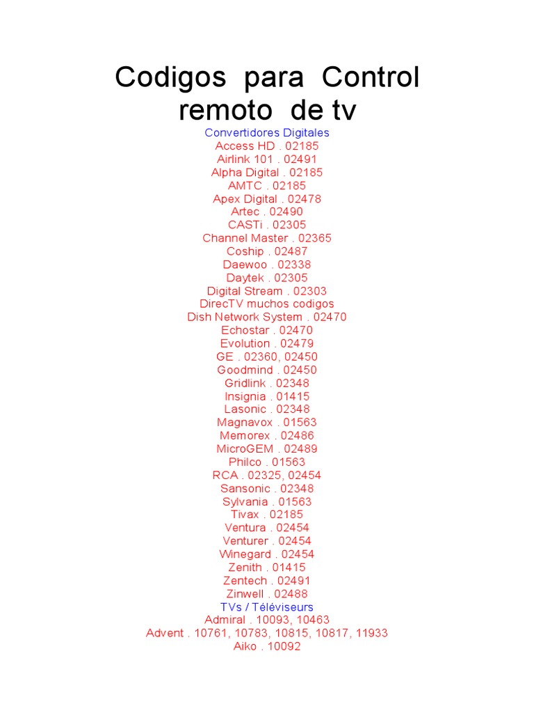 Codigos de Control Remoto para TV | PDF | Tecnología de televisión ...