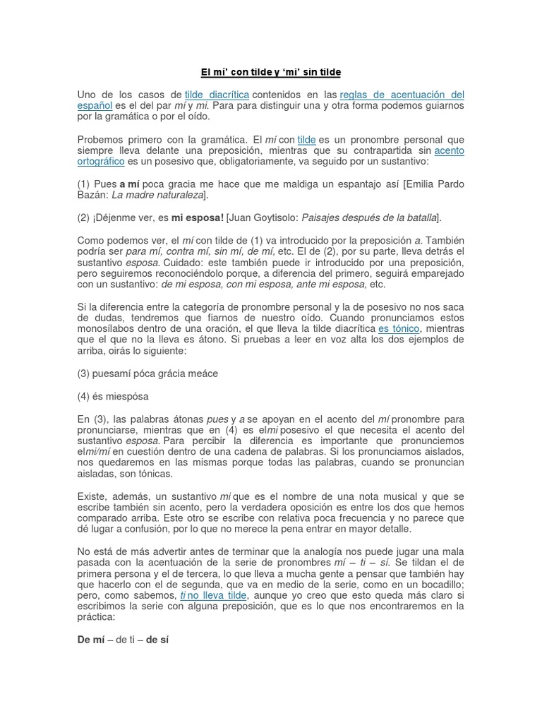 Diferencias entre "mí" y "mi" en español | PDF | Pronombre | Sustantivo