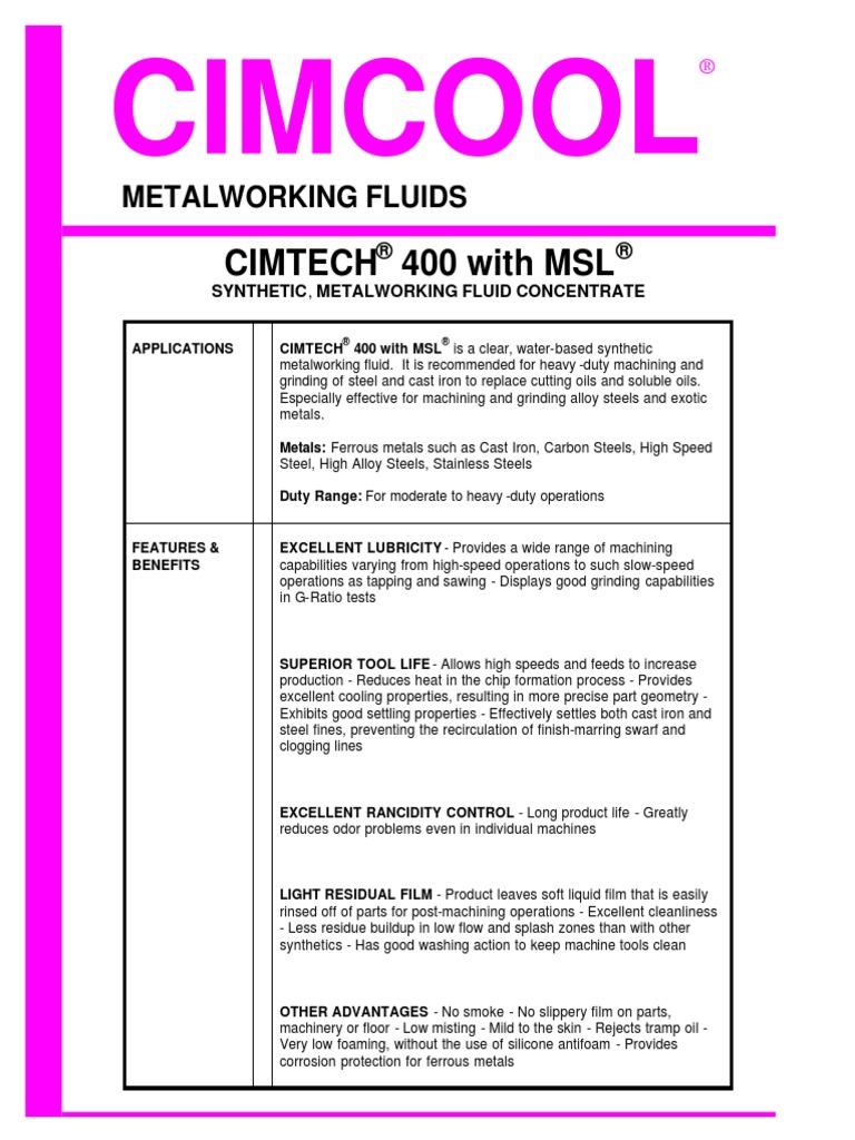 Cimcool: Cimtech 400 With MSL | PDF | Steel | Manmade Materials