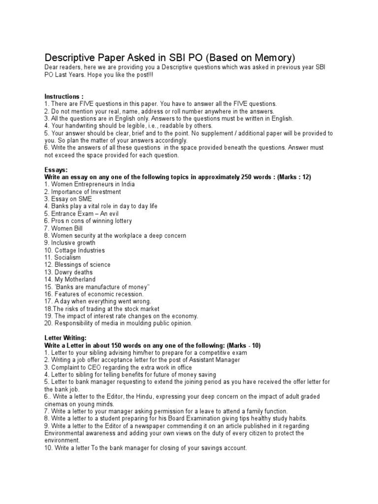 SBI PO Descriptive Paper Guide | PDF | Services (Economics) | Market ...