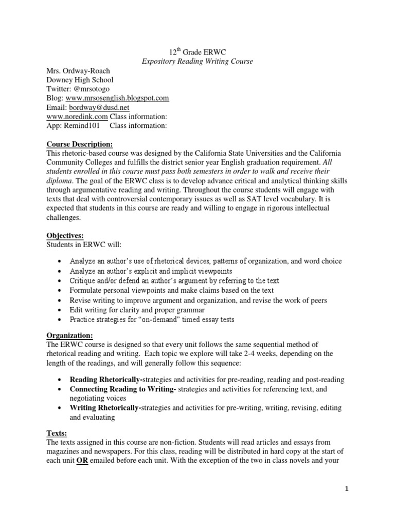 12th Grade ERWC Syllabus - Ordway | PDF | Sat | Reading (Process)