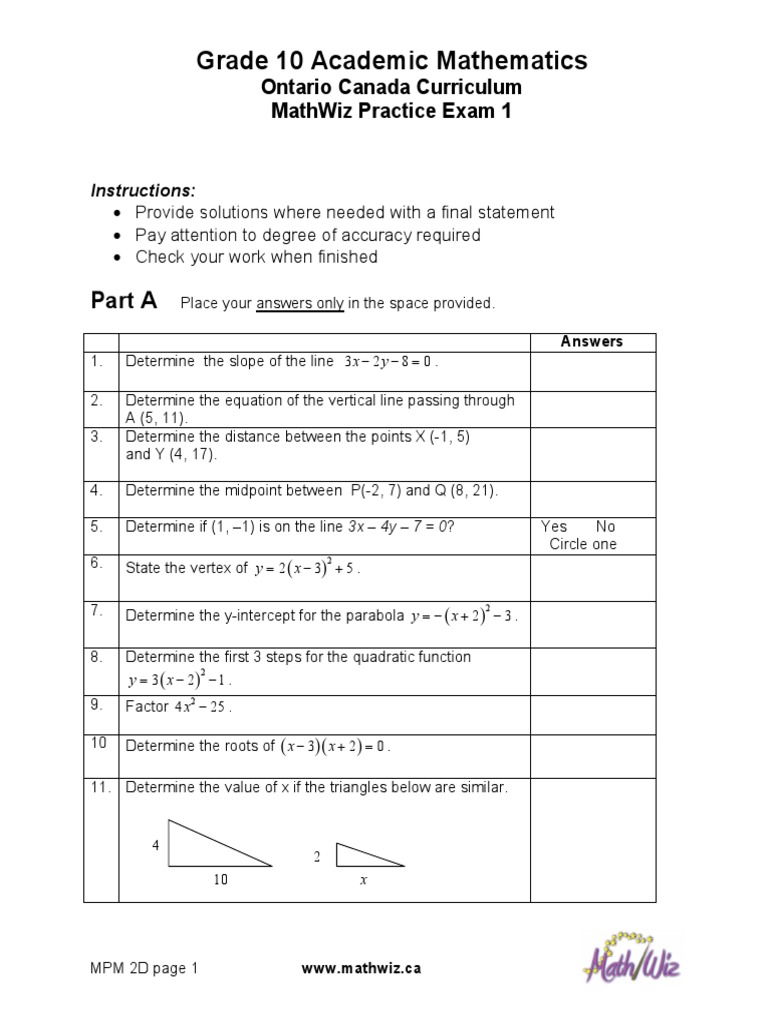 Grade 10 Math Practice Exam | PDF | Quadratic Equation | Mathematical ...