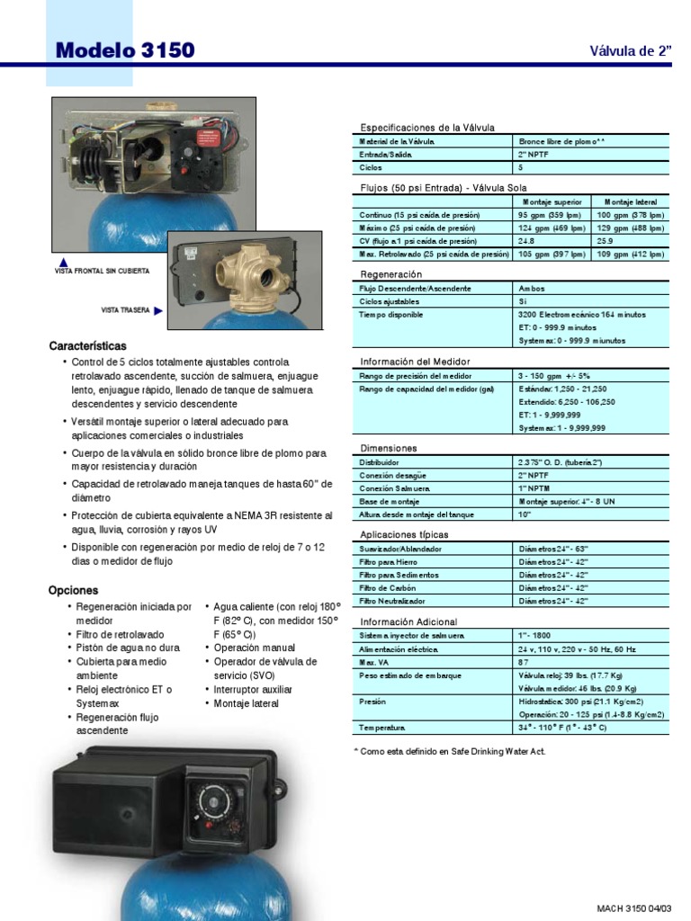 Especificaciones Válvula Fleck 3150 | PDF