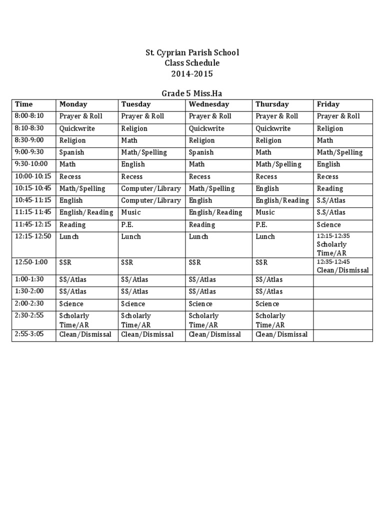 Grade 5 Class Schedule 2014-2015 | PDF