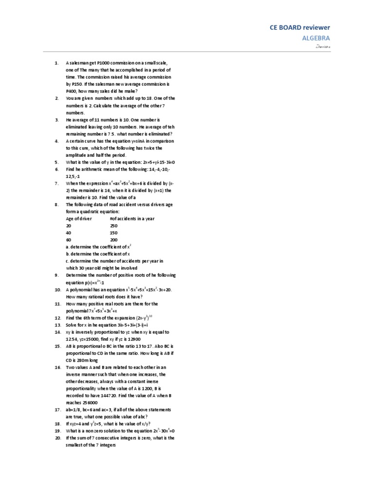 CE BOARD Algebra | PDF | Equations | Mathematical Objects