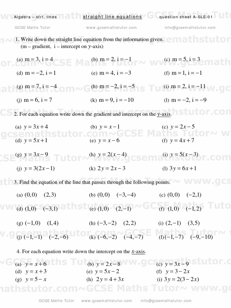Straight Line Equations Worksheet #01, Algebra Revision From GCSE Maths ...