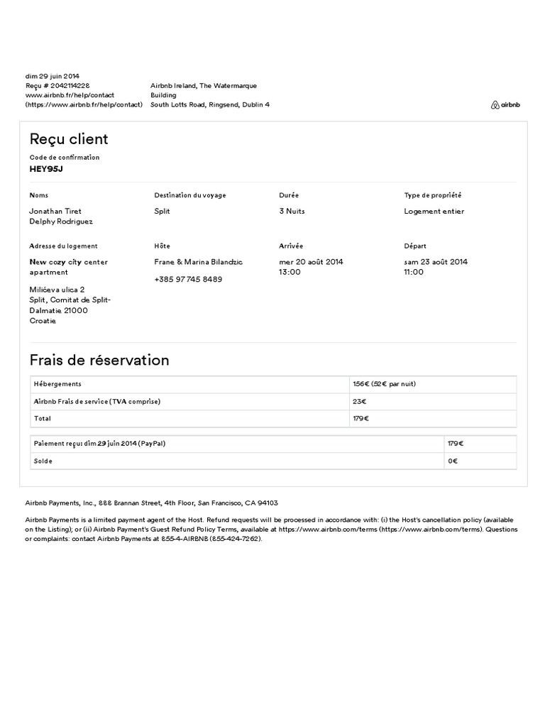 Airbnb Receipt, Confirmation Code HEY95J PDF | PDF