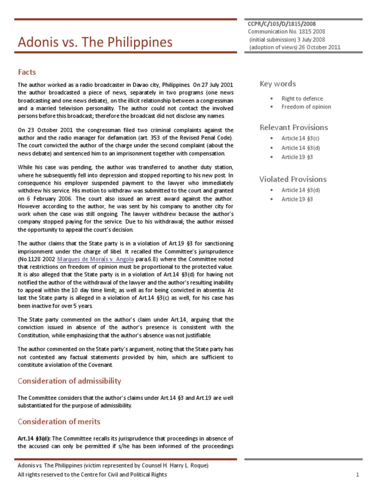 Adonis v. Philippines: Libel Case Review | PDF | Defamation | Virtue