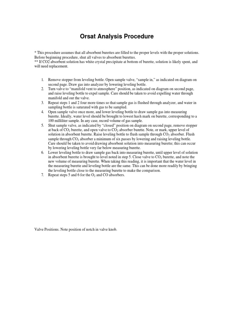 Orsat Analysis Procedure | PDF | Litre | Gases