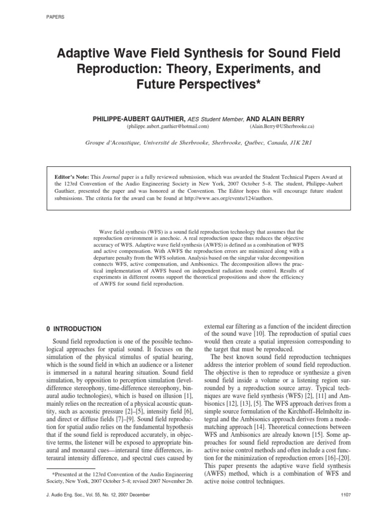 2007 Adaptive Wave Field Synthesis For Sound Field Reproduction: Theory, Experiments, and Future ...