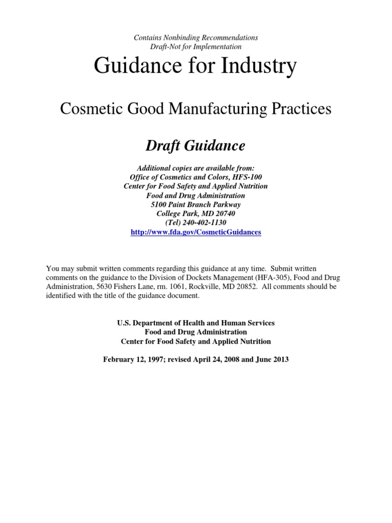 Cosmetic GMP Guidance for Industry | Cosmetics | Federal Food