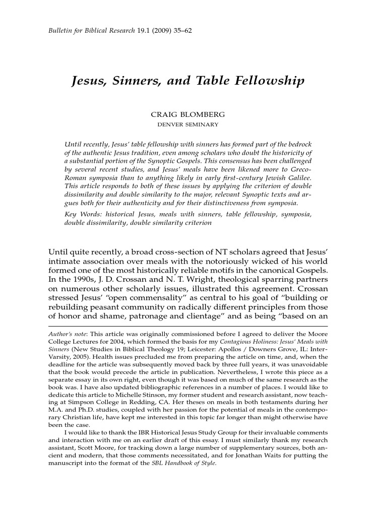 Jesus, Sinners, and Table Fellowship - Craig Blomberg | PDF | Symposium ...