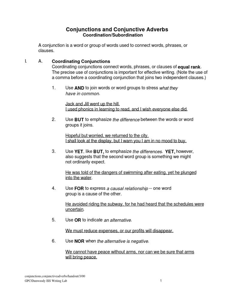 Conjunctions and Conjunctive Adverbs Guide | PDF