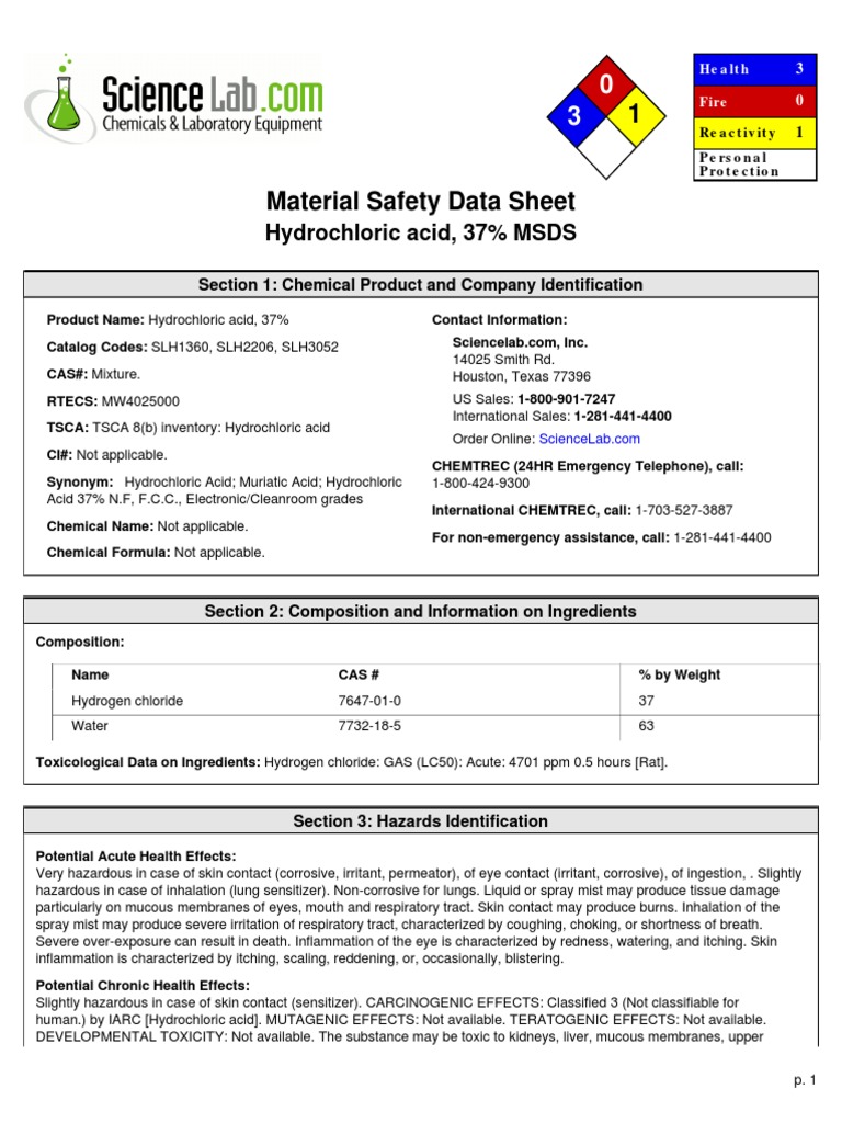 HCL 37 % | PDF | Dangerous Goods | Toxicity