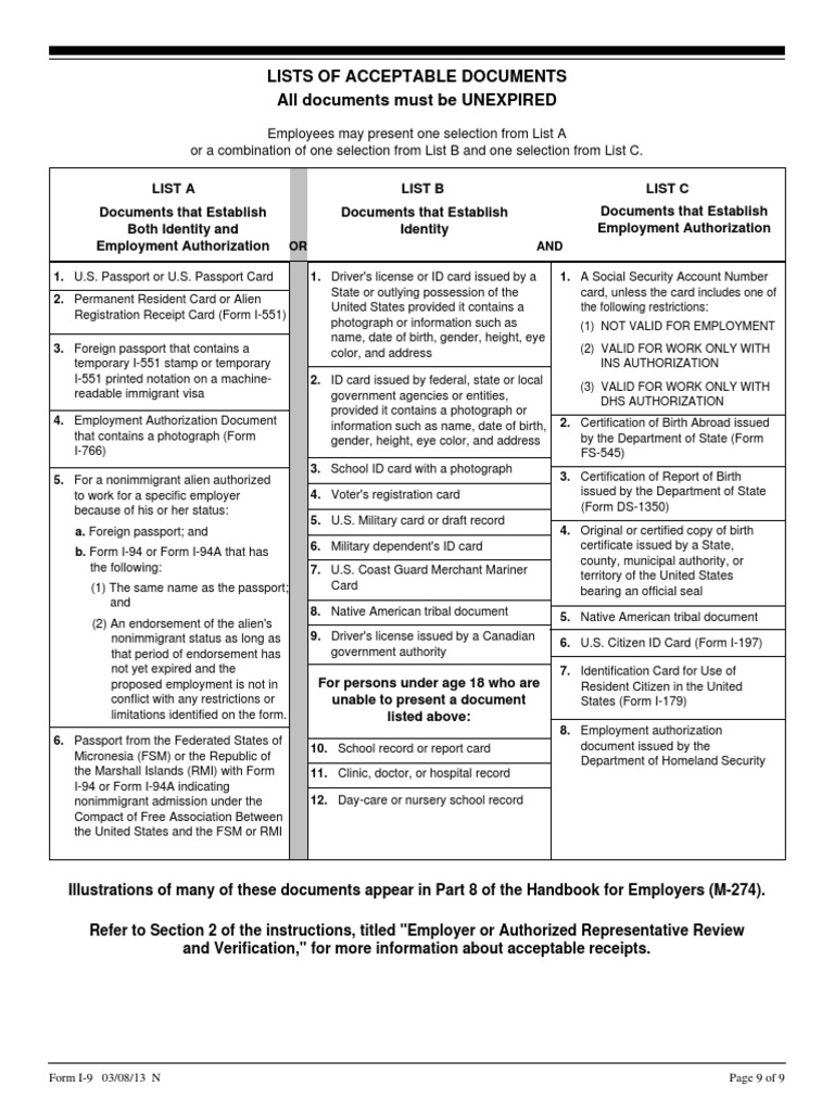 I-9 Acceptable Documents List | PDF | Identity Document | Passport