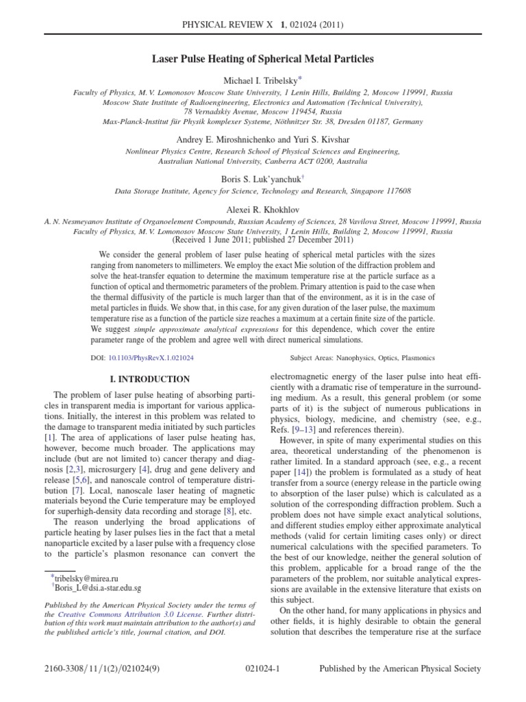 Laser Pulse Heating of Spherical Metal Particles: Doi: Subject Areas ...