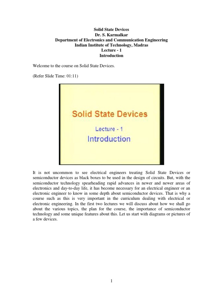 Solid State Devices Dr. S. Karmalkar Department of Electronics and Communication Engineering ...