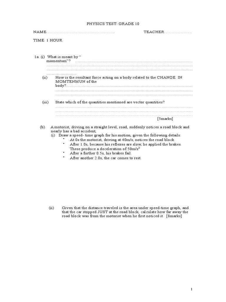 Grade 10 Physics Test | PDF