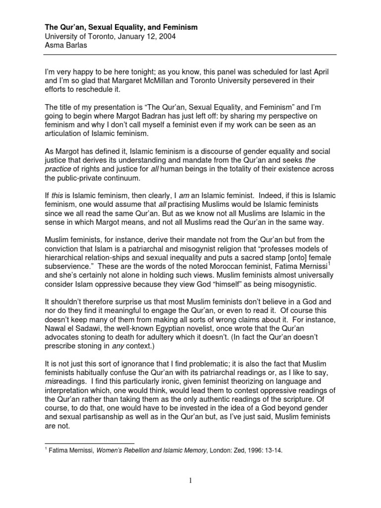 Asma Barlas - The Quran, Sexua Equality, and Feminism | PDF | Feminism | Gender Studies