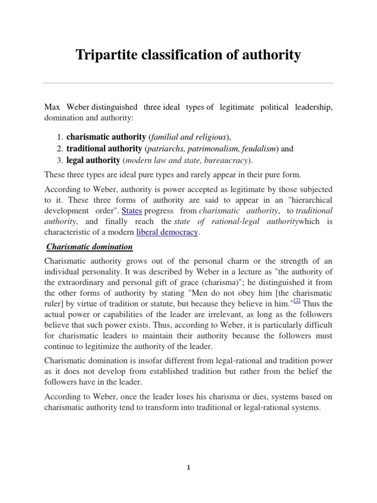 Tripartite Classification of Authority-Weber | PDF | Sociological ...