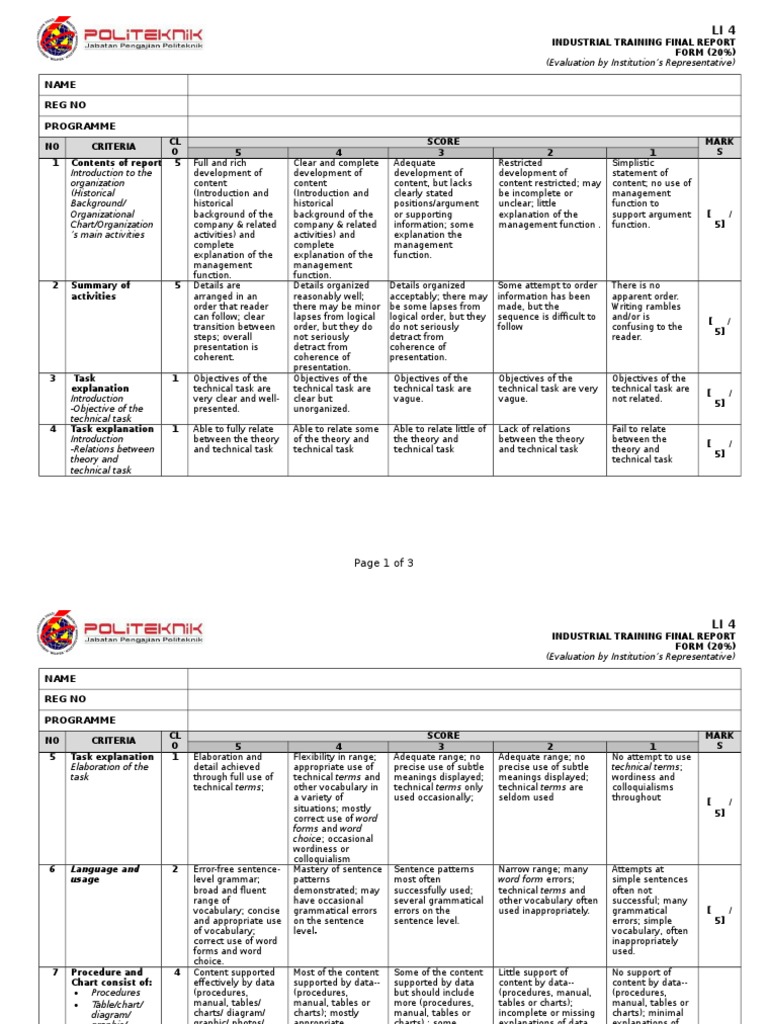 Name Reg No Programme: Industrial Training Final Report FORM (20%) | PDF | Grammar | Argument
