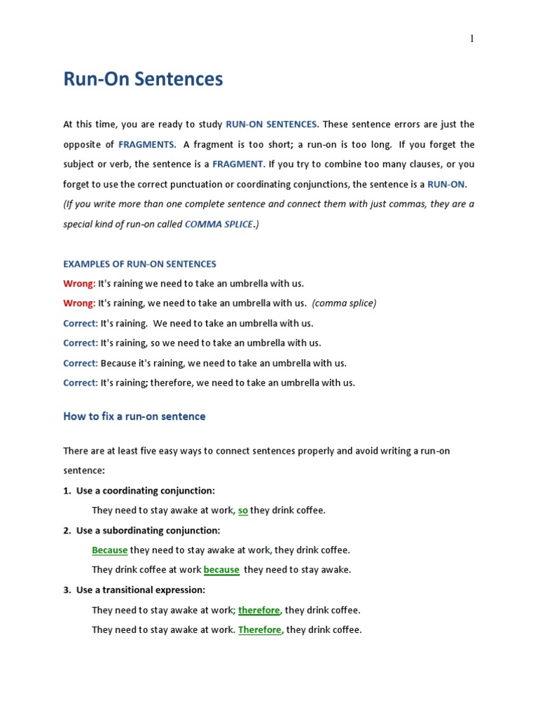 Run On Sentences | PDF | Comma | Sentence (Linguistics)